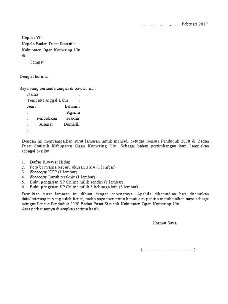 Contoh Surat Lamaran Petugas Sensus 2020 | PDF