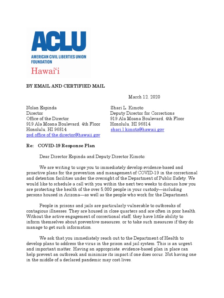 ACLU letter re: COVID-19 | Hygiene | Prison