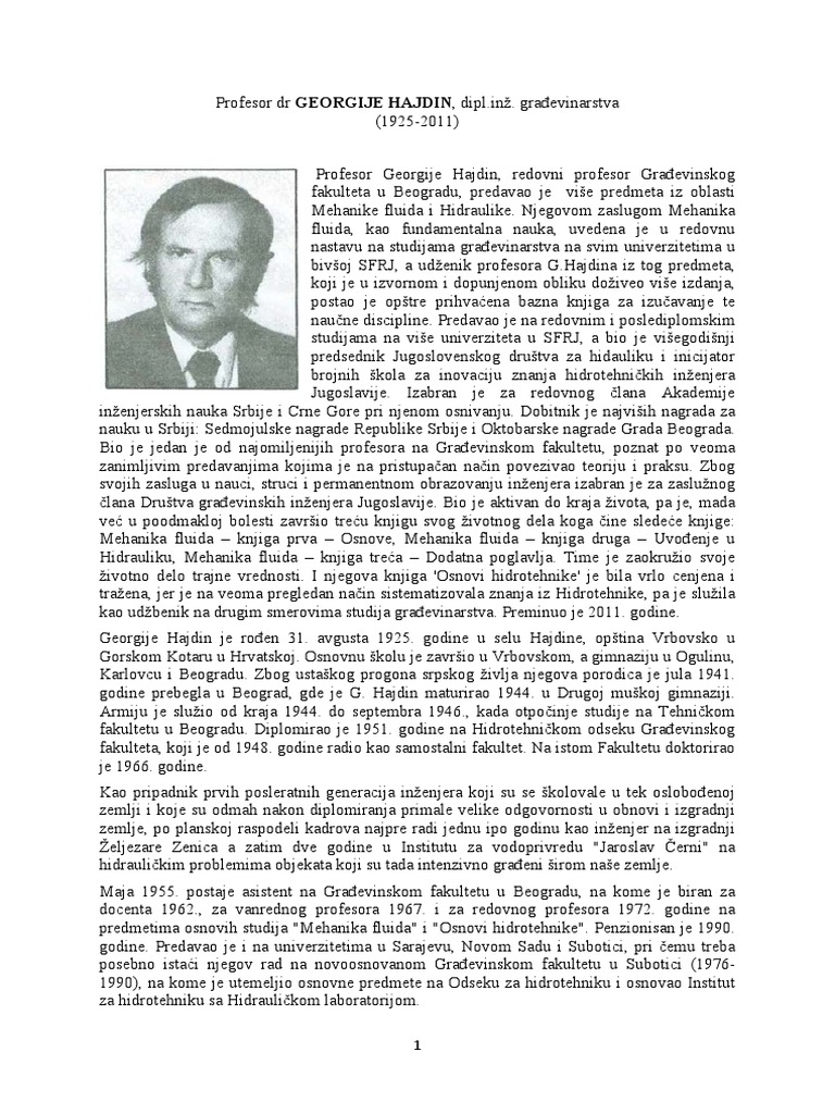 Prof DR Georgije Hajdin 1925 2011 Katedra Za Hidrotehniku I Vodno Ekolo ...