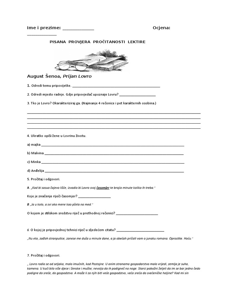 A. Šenoa, Prijan Lovro Nastavni Listić | PDF