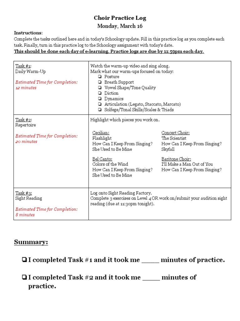Choir E-Learning Practice Log | PDF