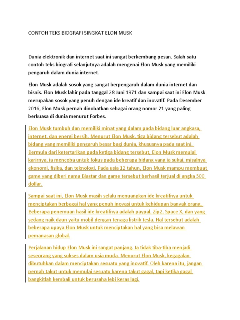 Contoh Teks Biografi Singkat Elon Musk | PDF