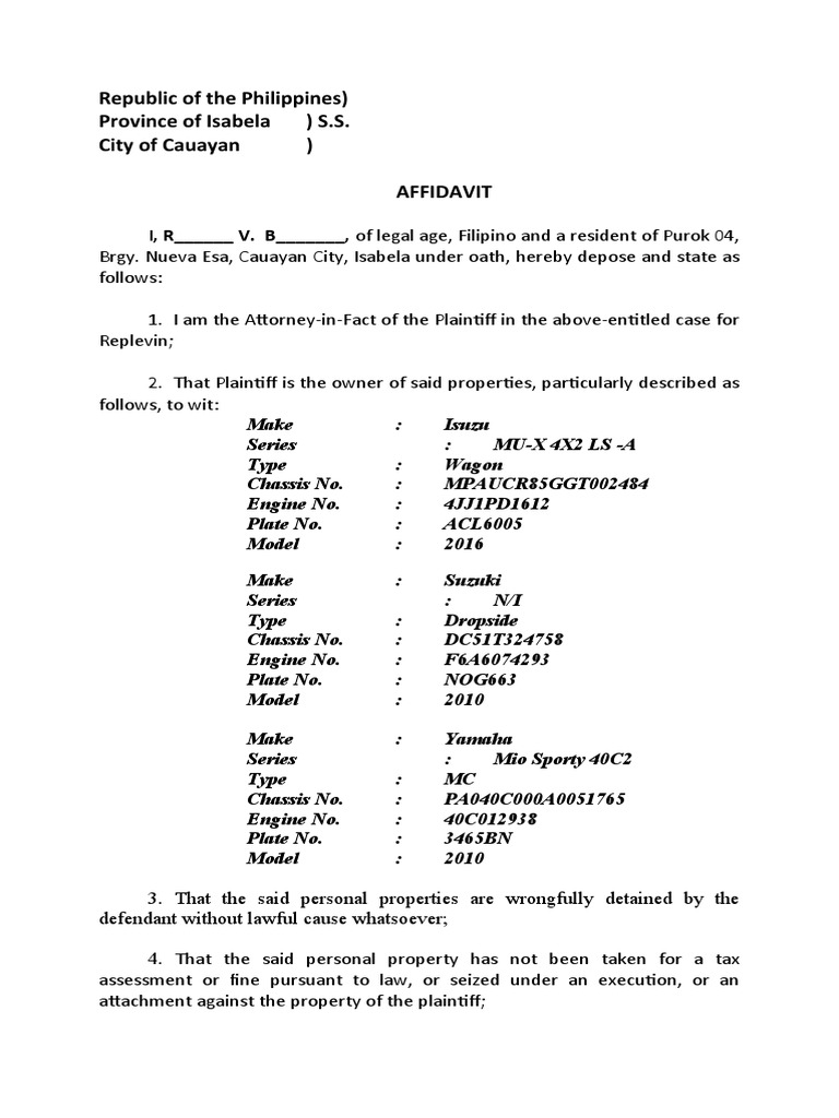 Affidavit - For Replevin | PDF | Affidavit | Common Law