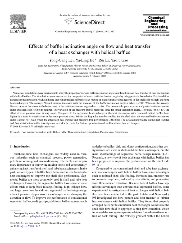Effects of Baffle Inclination Angle On Flow and Heat Transfer of A Heat ...
