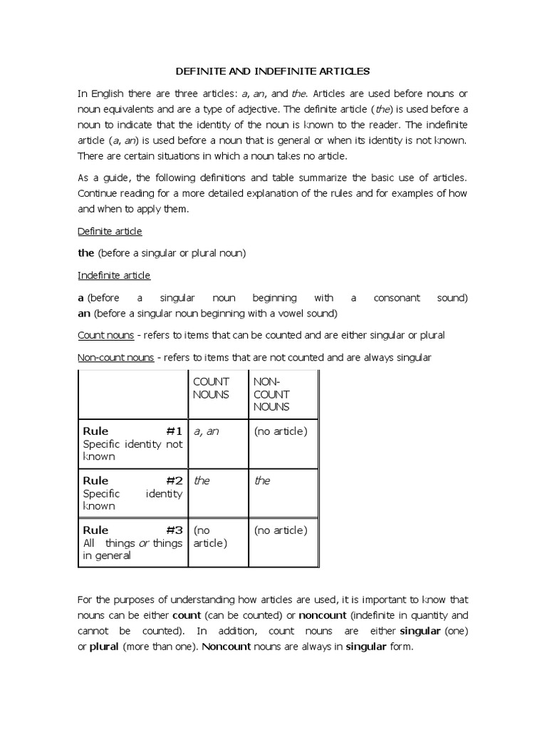 Definite and Indefinite Articles | PDF | Noun | Grammatical Number