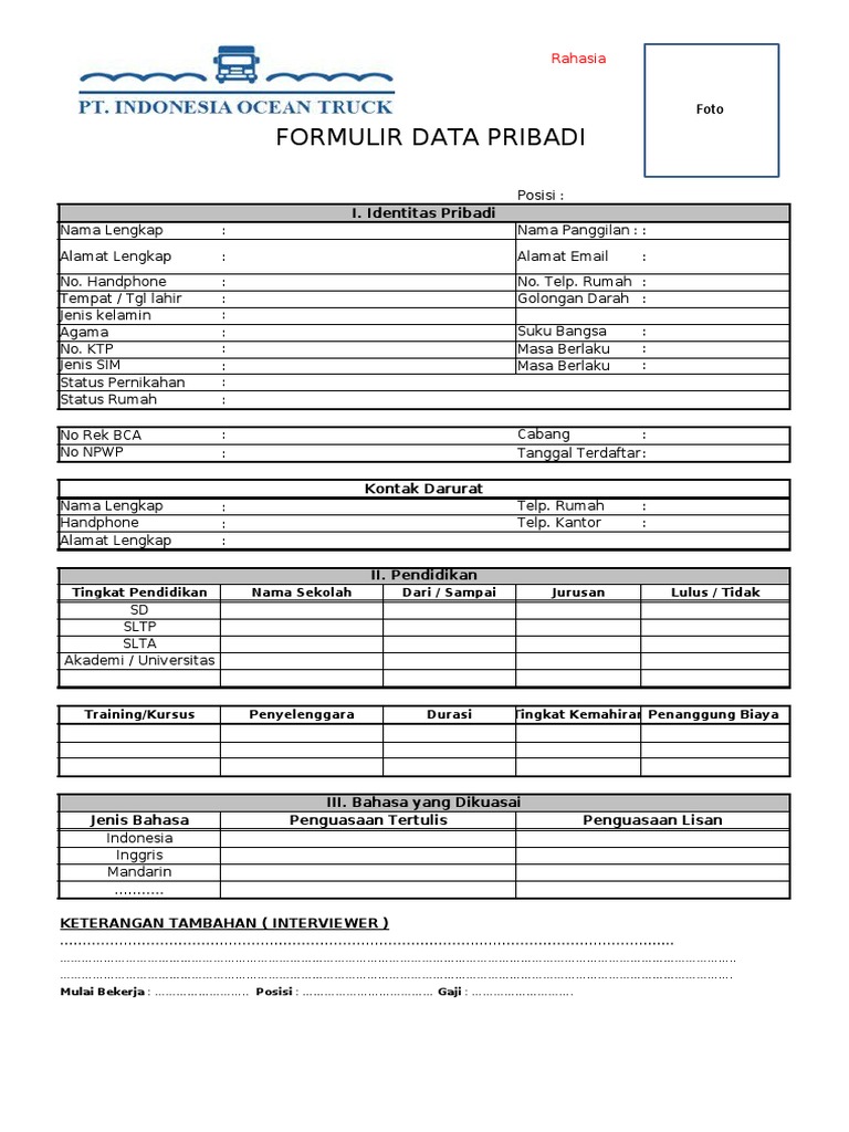 Formulir Data Pribadi Calon Karyawan Baru | PDF