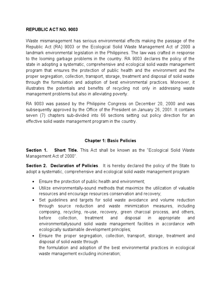 Republic Act No. 9003 | PDF | Waste Management | Municipal Solid Waste