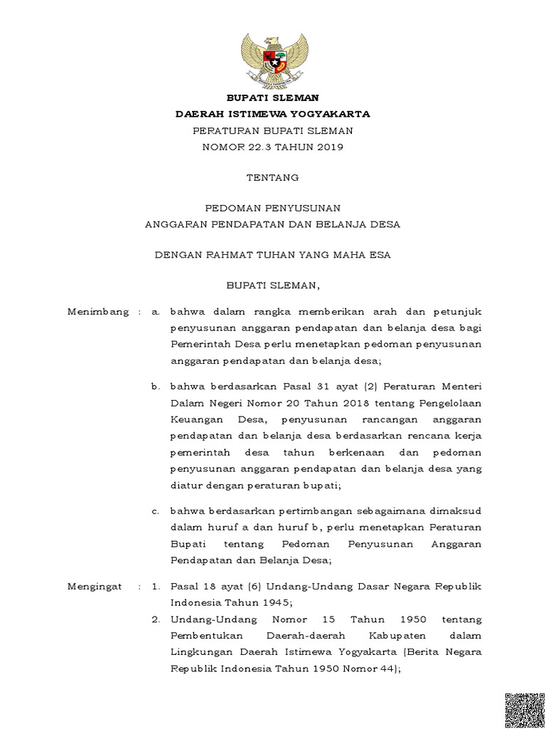 Perbup Sleman Nomor 22.3 Tahun 2019 TTG Pedoman Penyusunan APBDesa | PDF