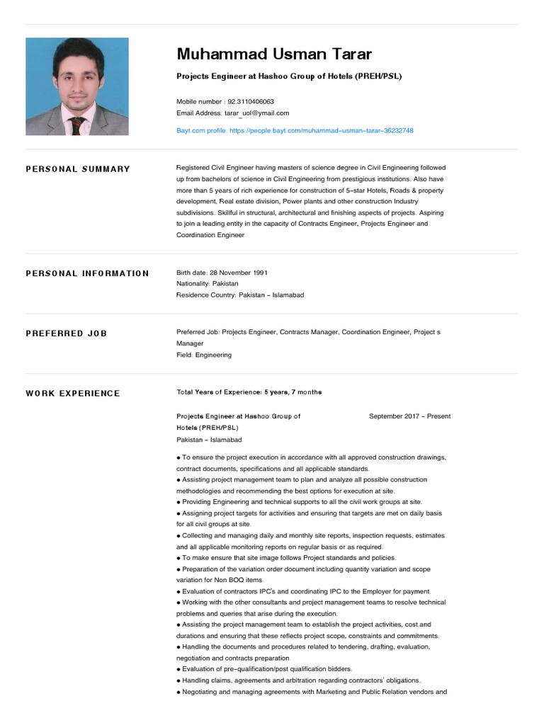 Civil Engineer Resume: Usman Tarar | PDF | Engineer | Project Management