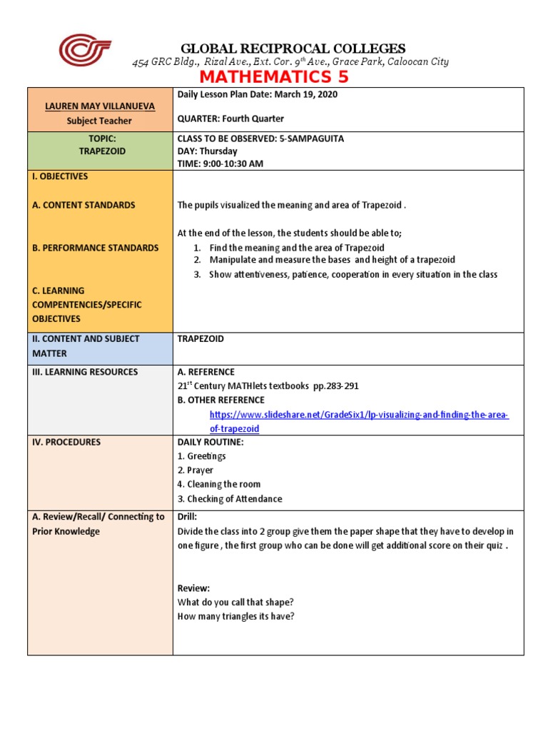 Final Lesson Plan Tmath | PDF | Lesson Plan | Applied Psychology