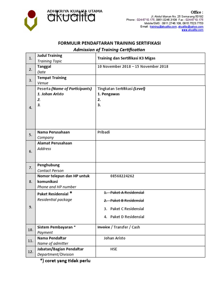 Form Pendaftaran Peserta Training AKUALITA 2018 | PDF