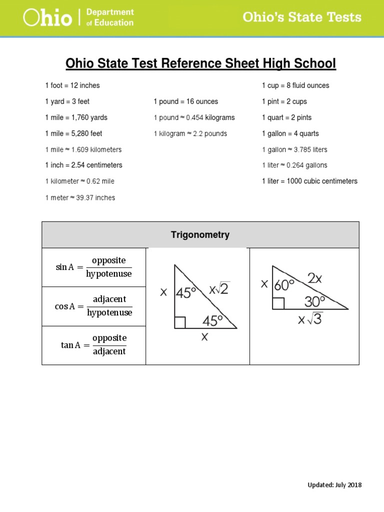 Reference Sheet OST Math HS | PDF | Gallon | Area