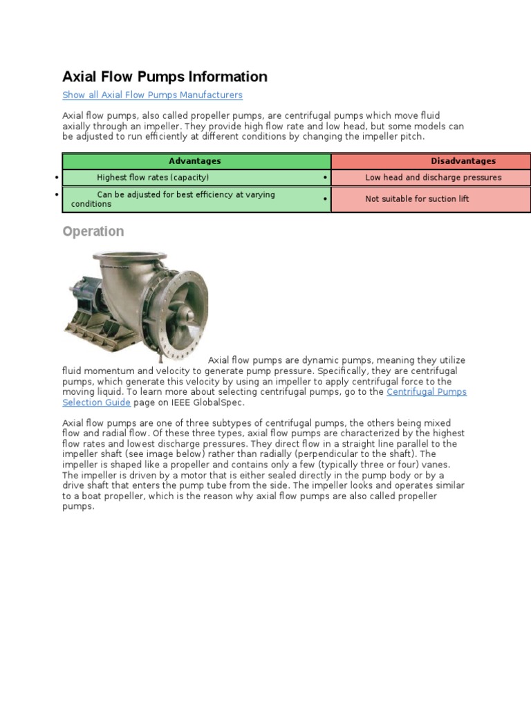 Axial Flow Pumps: Specs & Uses | PDF | Pump | Horsepower