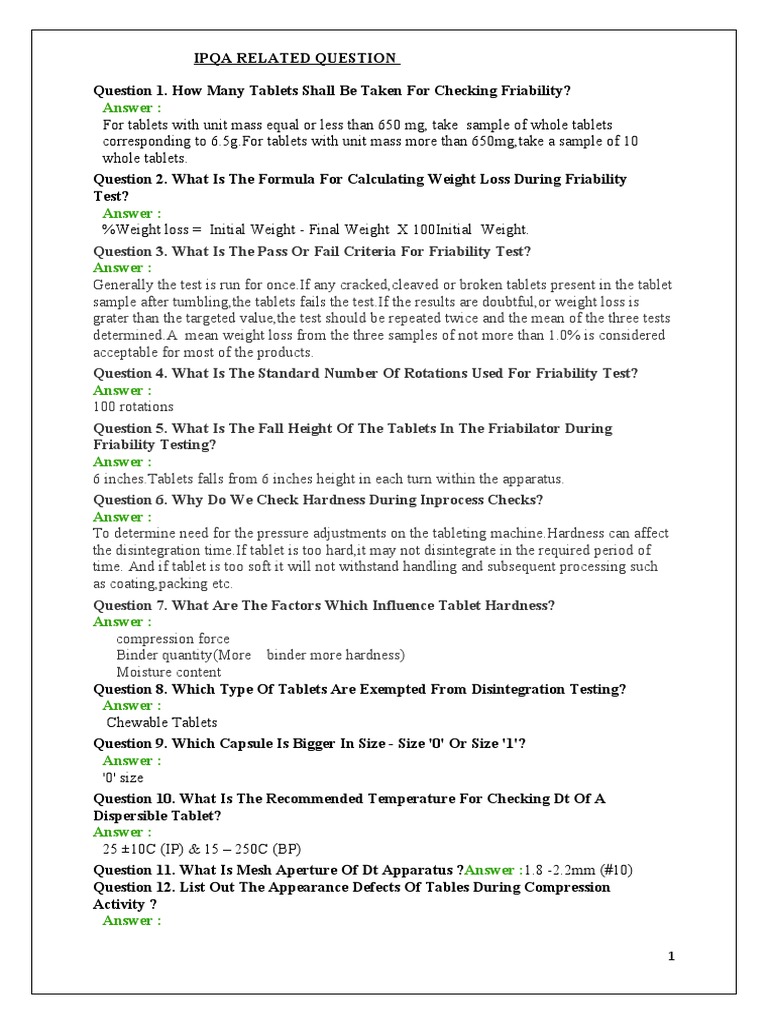 IPQA Interview Questions and Guidelines | PDF | Tablet (Pharmacy ...
