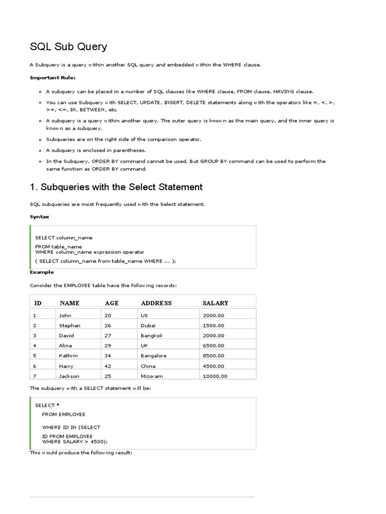 DBMS SQL Sub Queries | PDF | Sql | Data Management