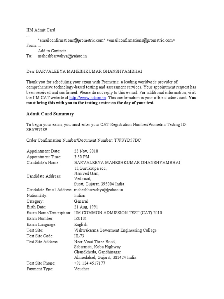 CAT Admit Card | PDF | Identity Document | Written Communication