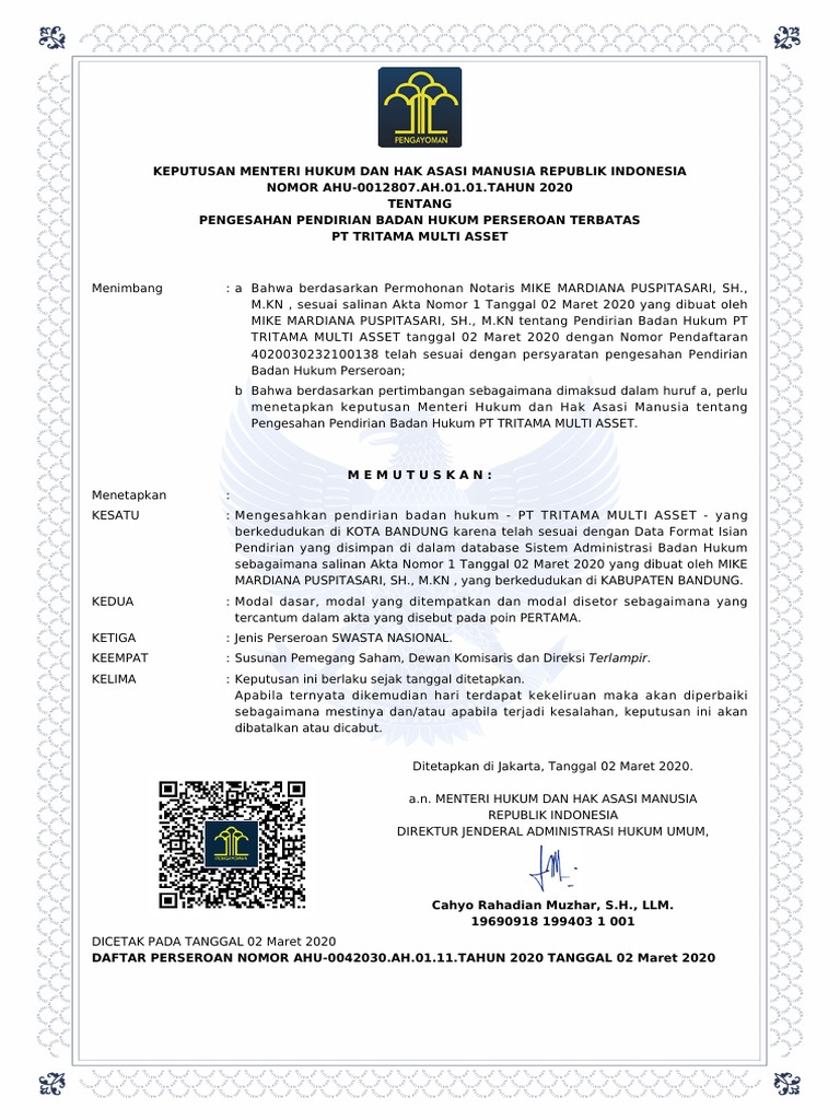 Pengesahan PT Tritama Multi Asset | PDF