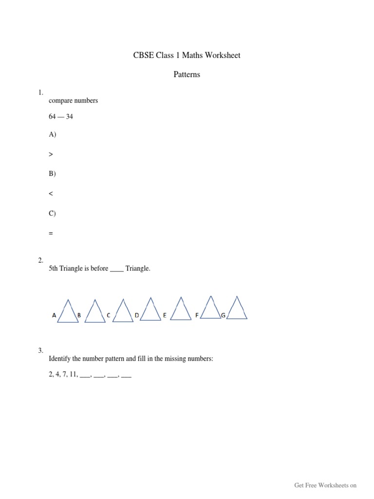Patterns CBSE Class 1 Worksheet | PDF | Euclidean Plane Geometry ...