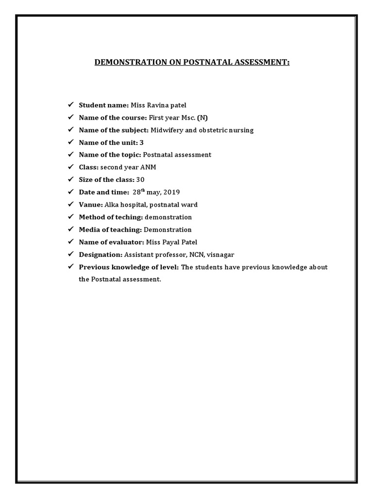 Postnatal Assessment Demonstration Guide | PDF | Postpartum Period | Uterus