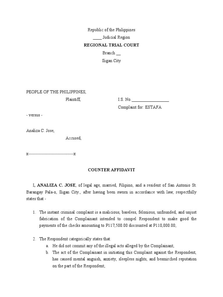 Counter-Affidavit For Estafa | PDF | Fraud | Burden Of Proof (Law)