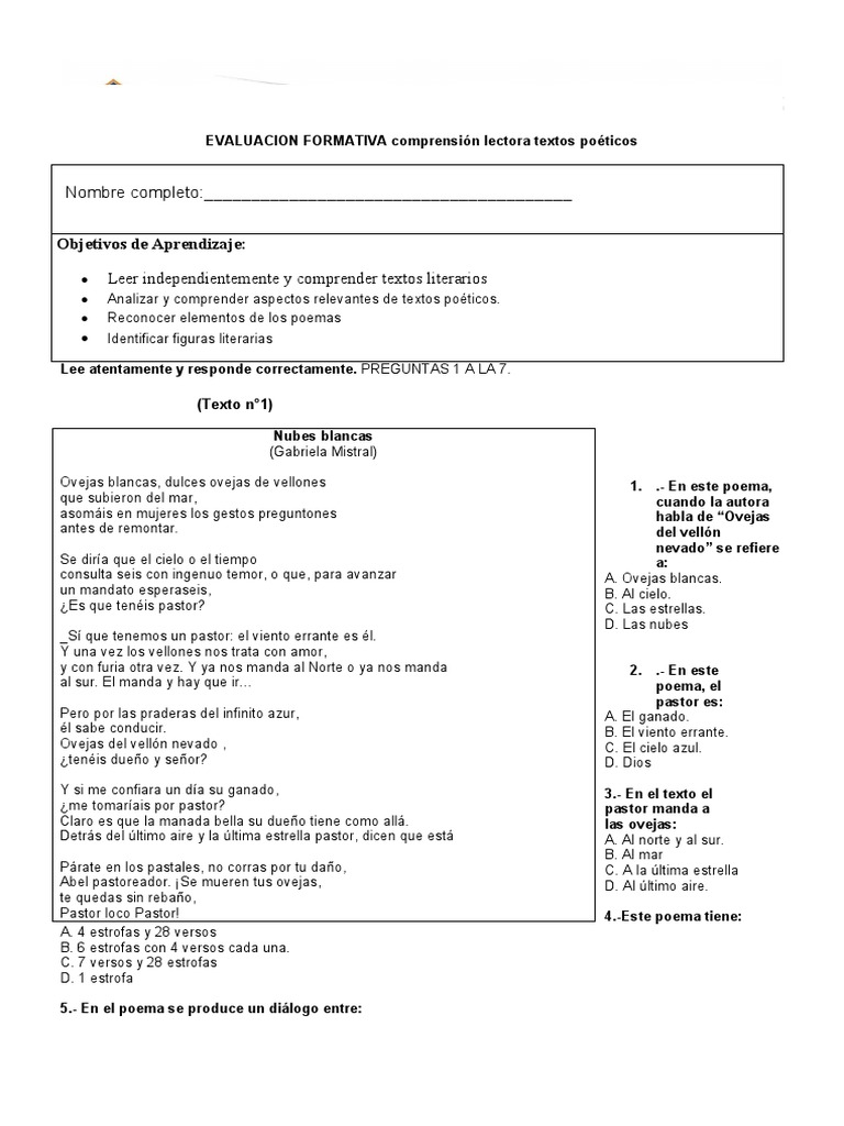 Comprensión Lectora de Poemas para 4º Primaria | PDF | Nieve | Poesía