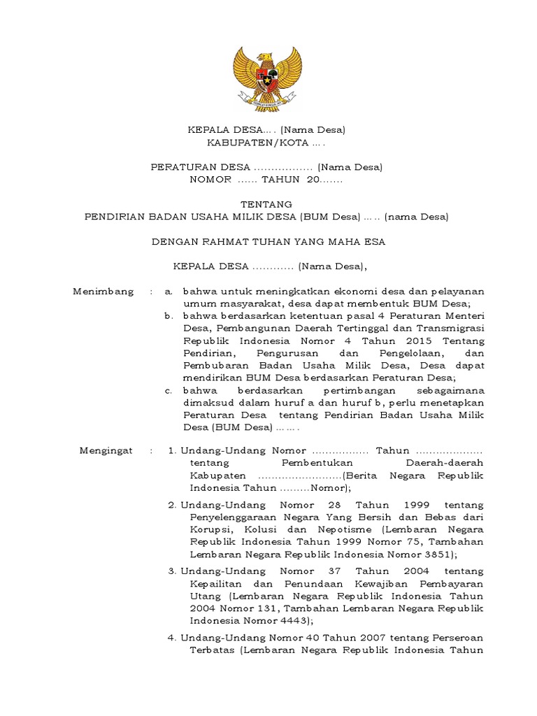 Contoh Template Perdes Pendirian BUM Desa | PDF