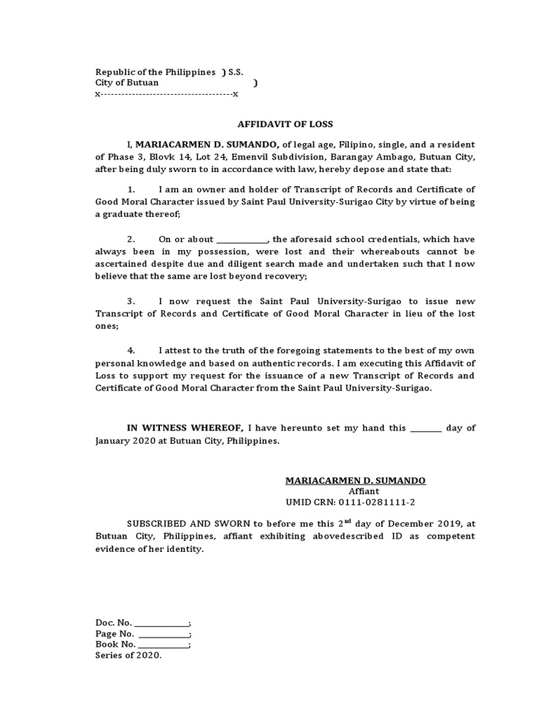 Affidavit of Loss-School Credentials | PDF