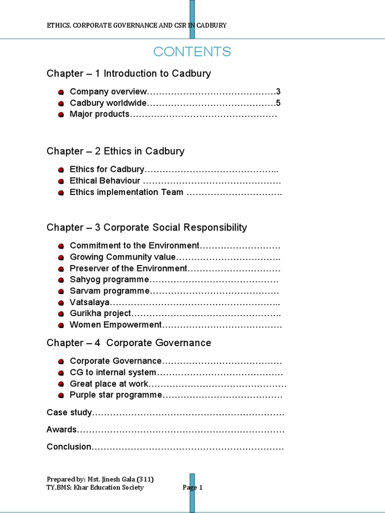 Chapter - 1 Introduction To Cadbury: Ethics, Corporate Governance and ...