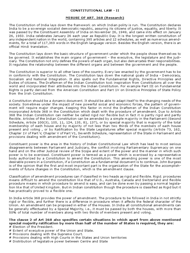 Research On Misuse of Article 368 | Download Free PDF | Constitution | Constitutional Amendment