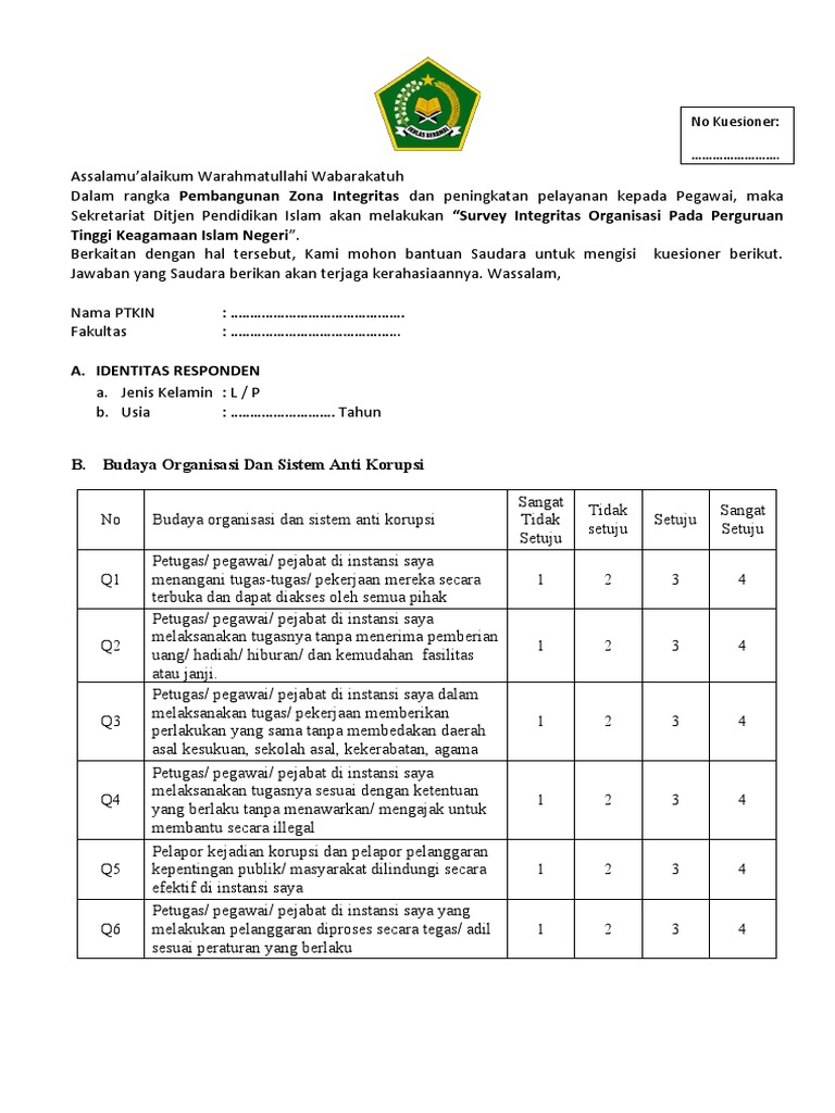Kuesioner Integritas Organisasi - Pendis 2020 | PDF