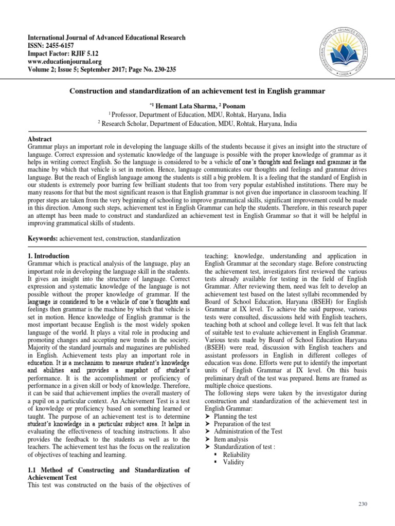 Standardized English Grammar Achievement Test | PDF | Test (Assessment ...