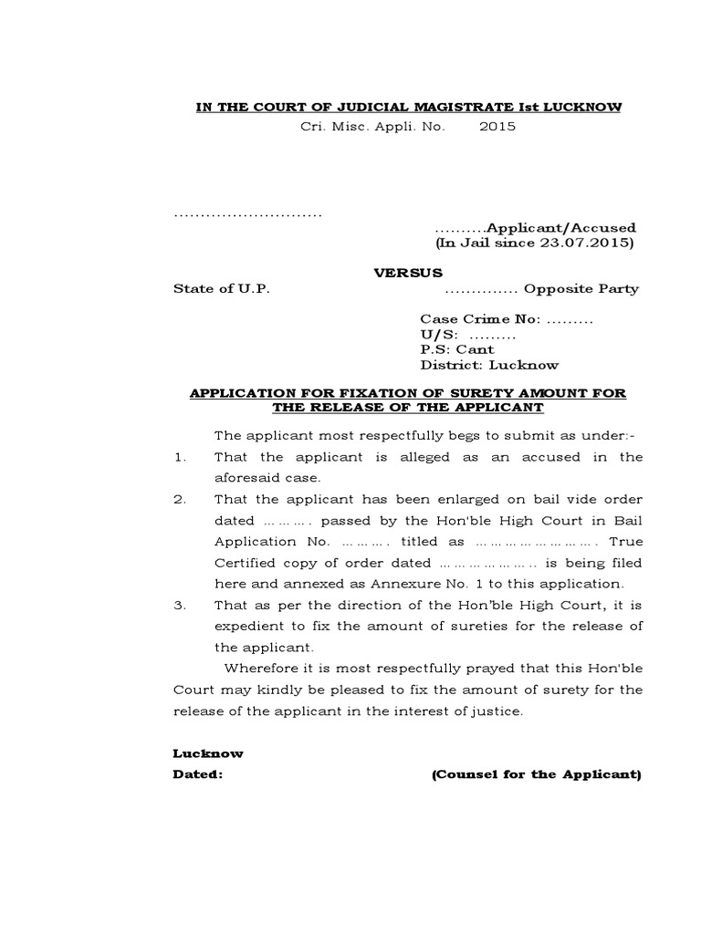 Application For Fixation of Surety | PDF | Affidavit | Bail