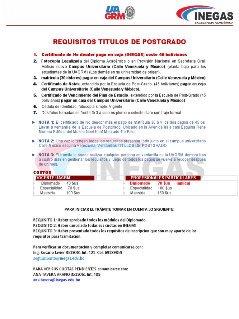 Requisitos Postgrado UAGRM: Detalles y Costos | PDF