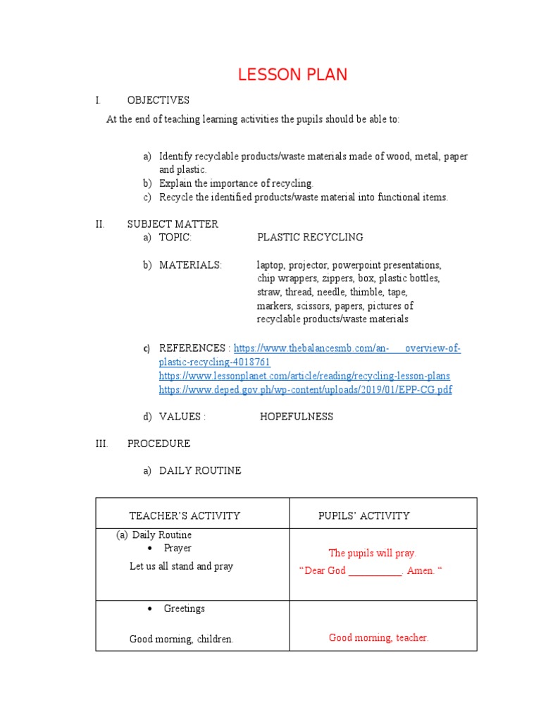 EPP Lesson Plan | PDF | Plastic | Recycling