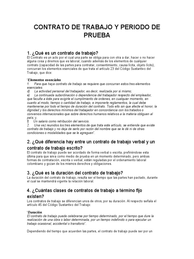 Contrato de Trabajo y Periodo de Prueba | PDF | Derecho laboral | Salario
