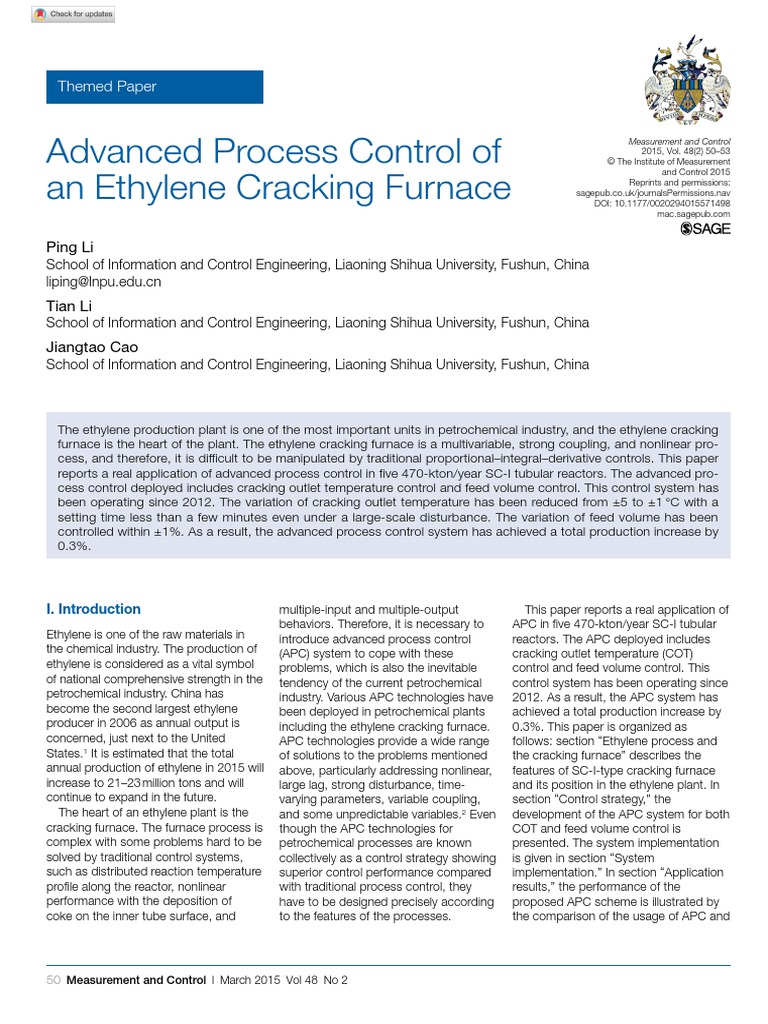 Advanced Process Control of An Ethylene Cracking Furnace PDF | PDF ...