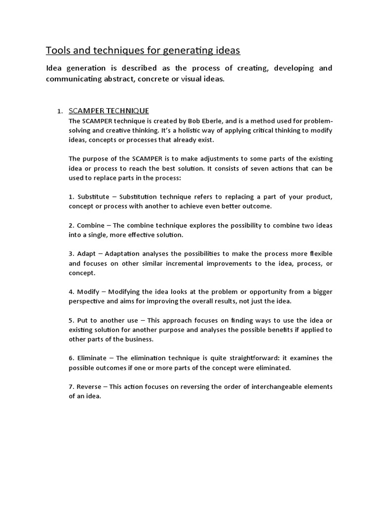 Tools and Techniques For Generating Ideas | PDF | Brainstorming | Invention