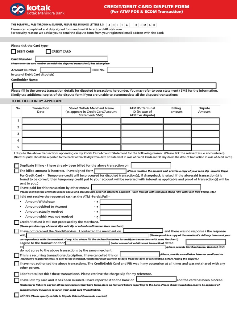 Combined Card Dispute Form Semi Editable | PDF | Credit Card | Debit Card