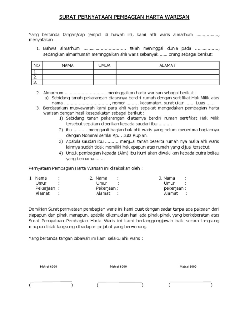 Surat Pembagian Warisan | PDF