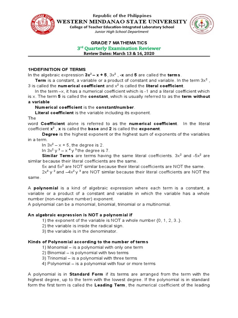 Grade 7 Mathematics Third Quarterly Examination Reviewer | PDF ...