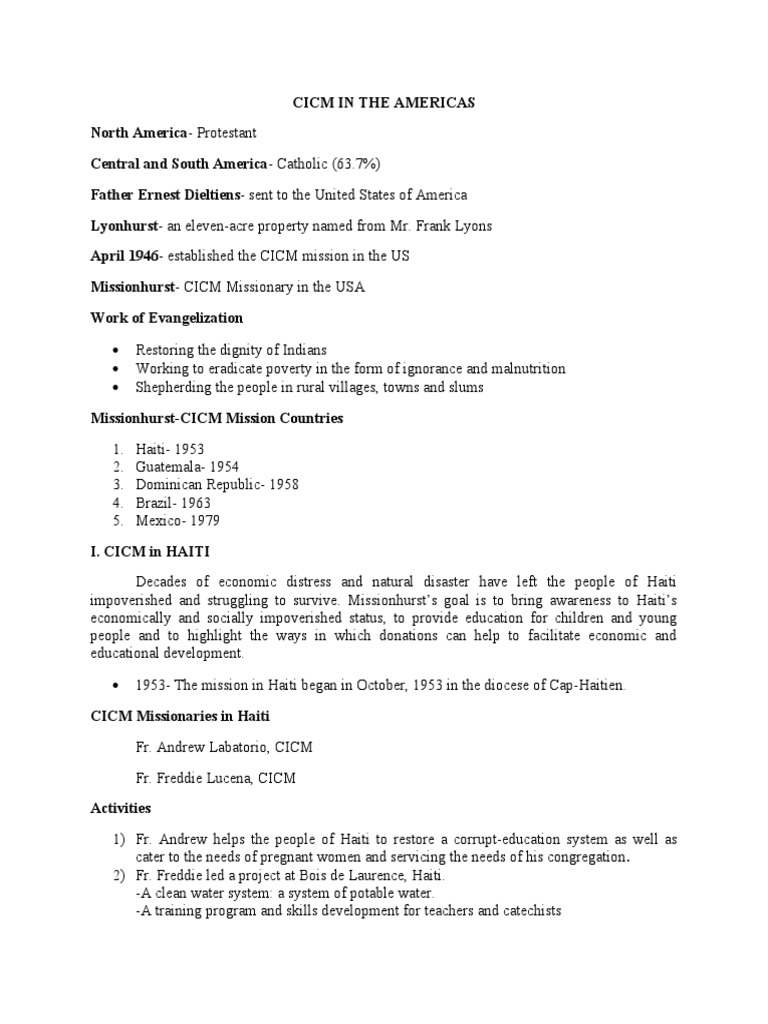 CICM Mission Work in the Americas | PDF | Christian Mission | Haiti