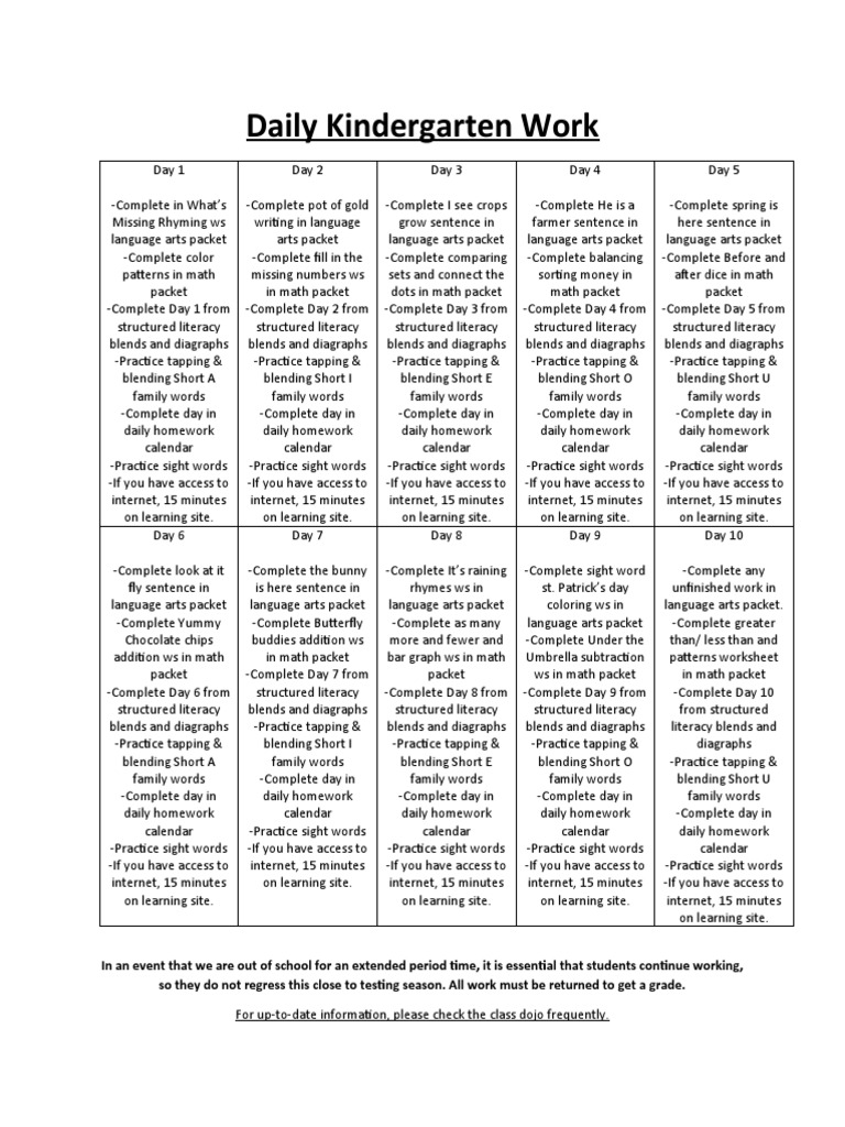 Daily Kindergarten Work | PDF | Learning | Behavior Modification