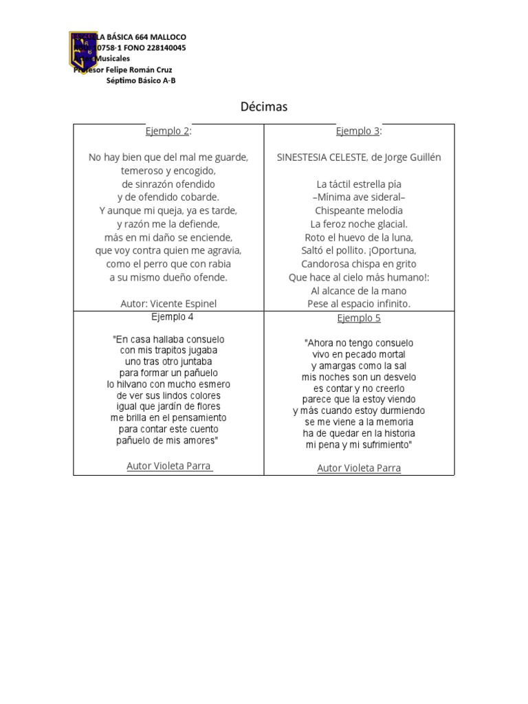 Ejemplos de Décimas para Niños | PDF