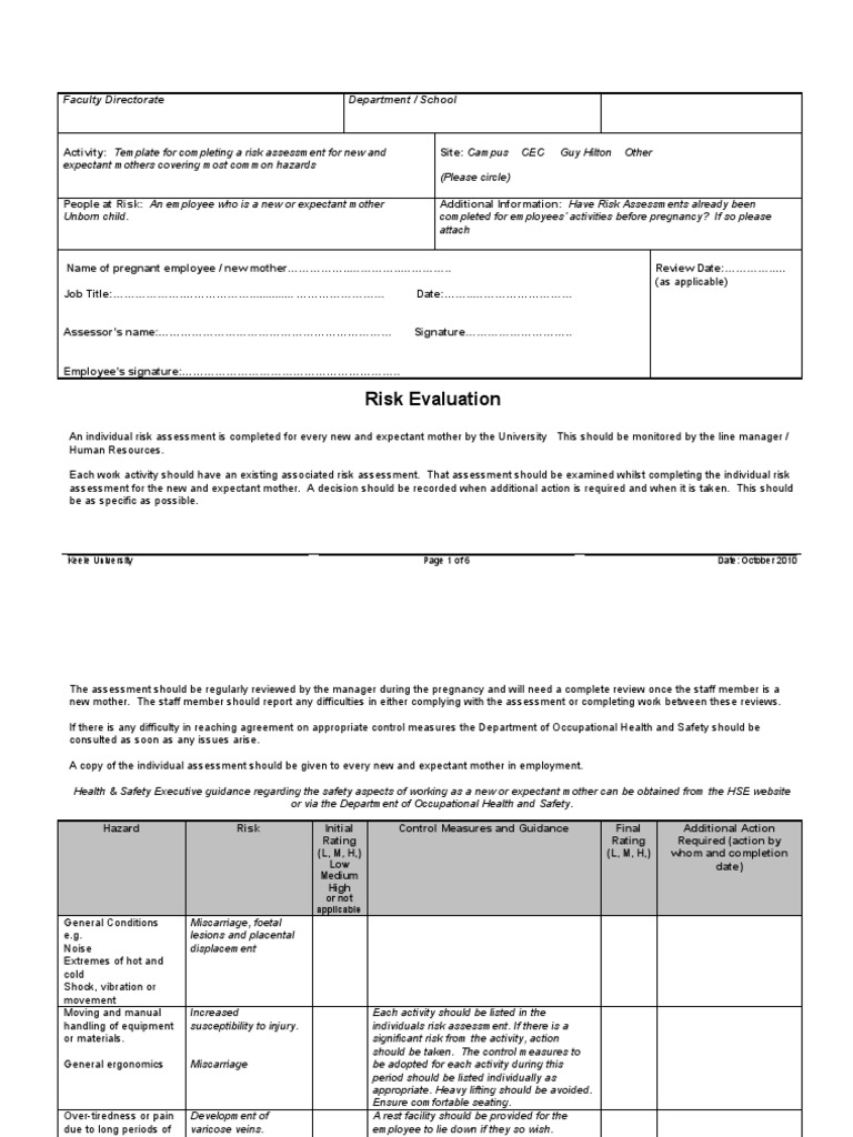 Pregnancy Risk Assessment Template | PDF | Risk | Occupational Safety ...