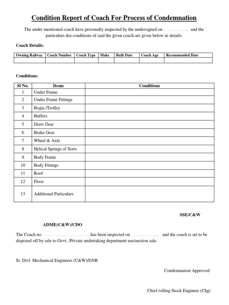 Format of Condition Report of Coach For Process of Condemnation | PDF ...