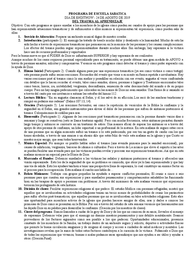 Programa de Escuela Sabatica | PDF | Trauma psicólogico | Oración