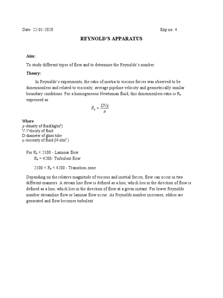 Reynolds Apparatus Flow Study | PDF | Reynolds Number | Laminar Flow
