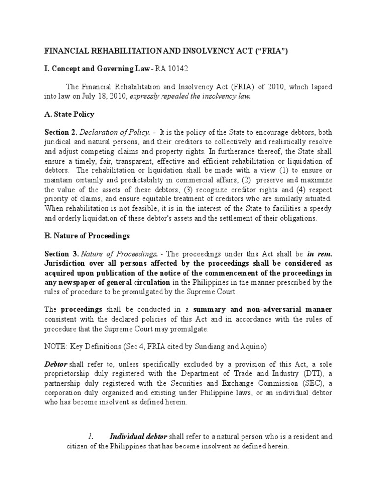 FRIA Notes | PDF | Insolvency | Bankruptcy