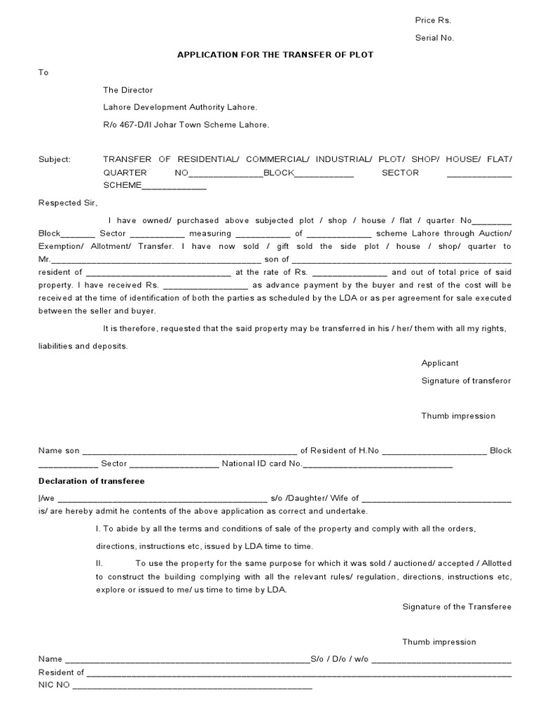 Application For Transfer of Plots-1 | PDF | Identity Document | Prices