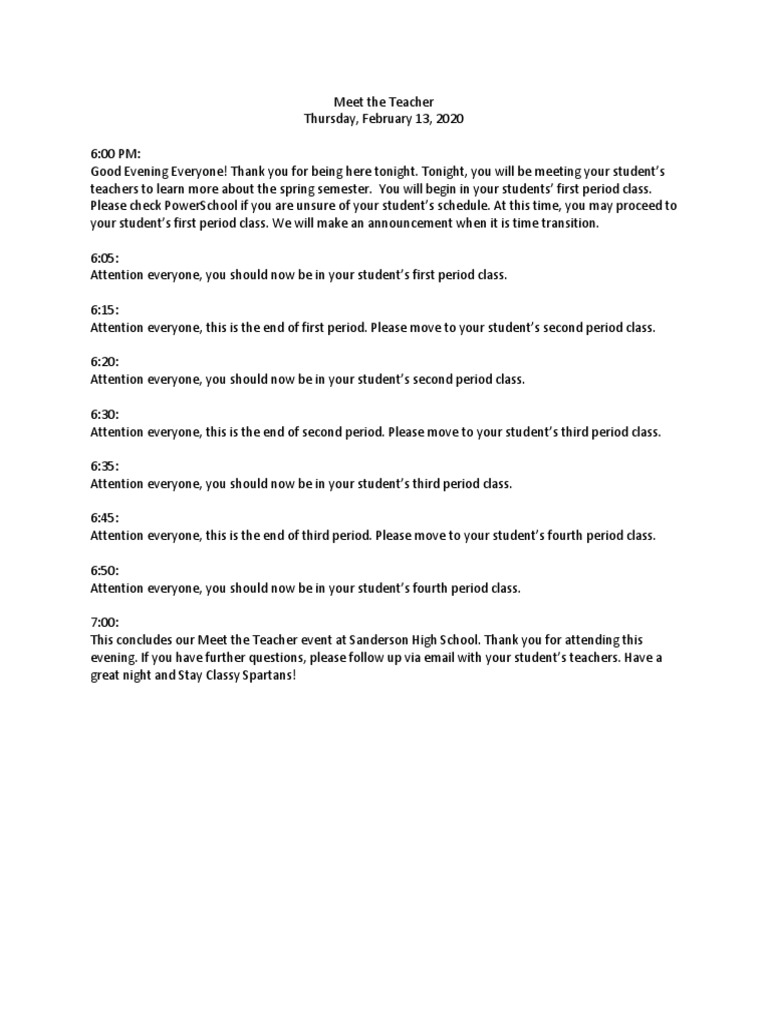 Script For Meet The Teacher Spring 2020 | PDF
